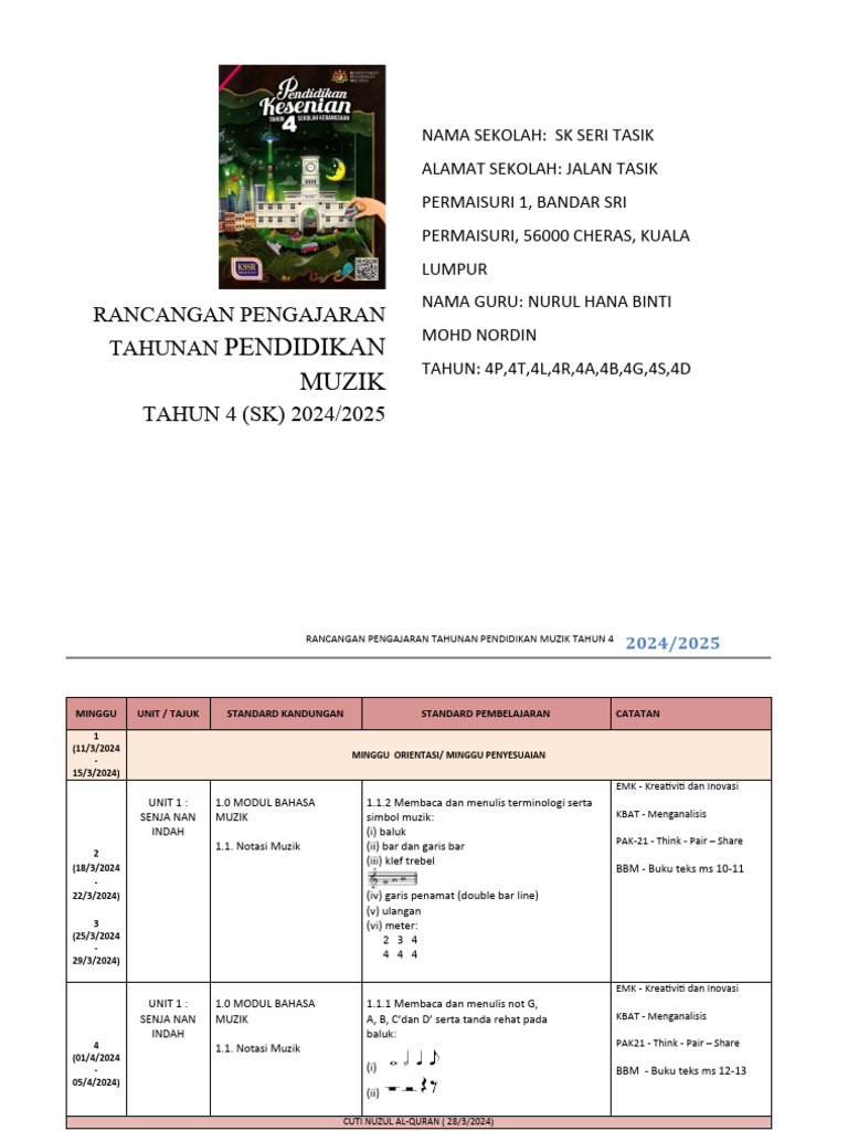 RPT P.muzik THN 4 (SK) 2024-2025 | PDF