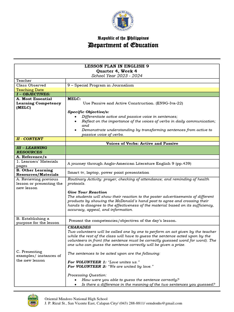 Lesson Plan: Active vs. Passive Voice | PDF | Human Communication ...