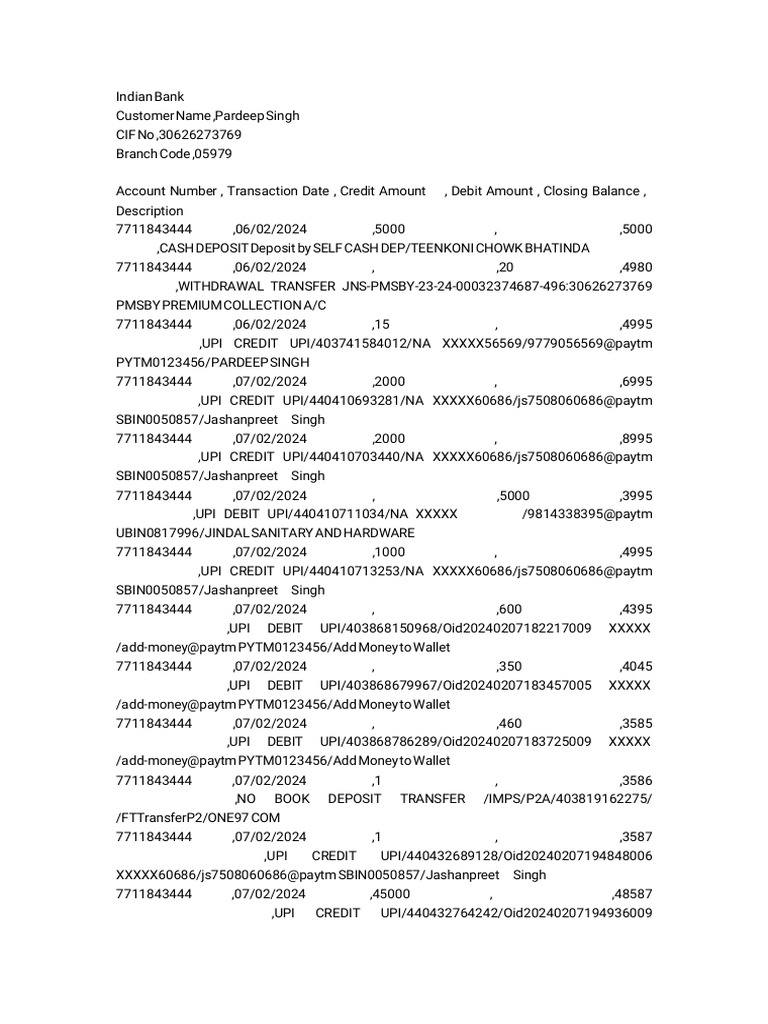 Bank Statement for Pardeep Singh | PDF | Debit Card | Banking Technology