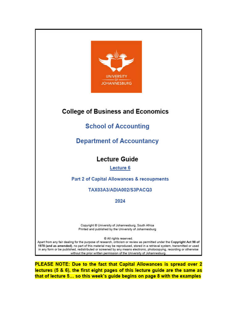 Lecture 6 - Lecture Guide - Capital Allowances and Recoupments Part 2 (Final) | PDF | Tax ...