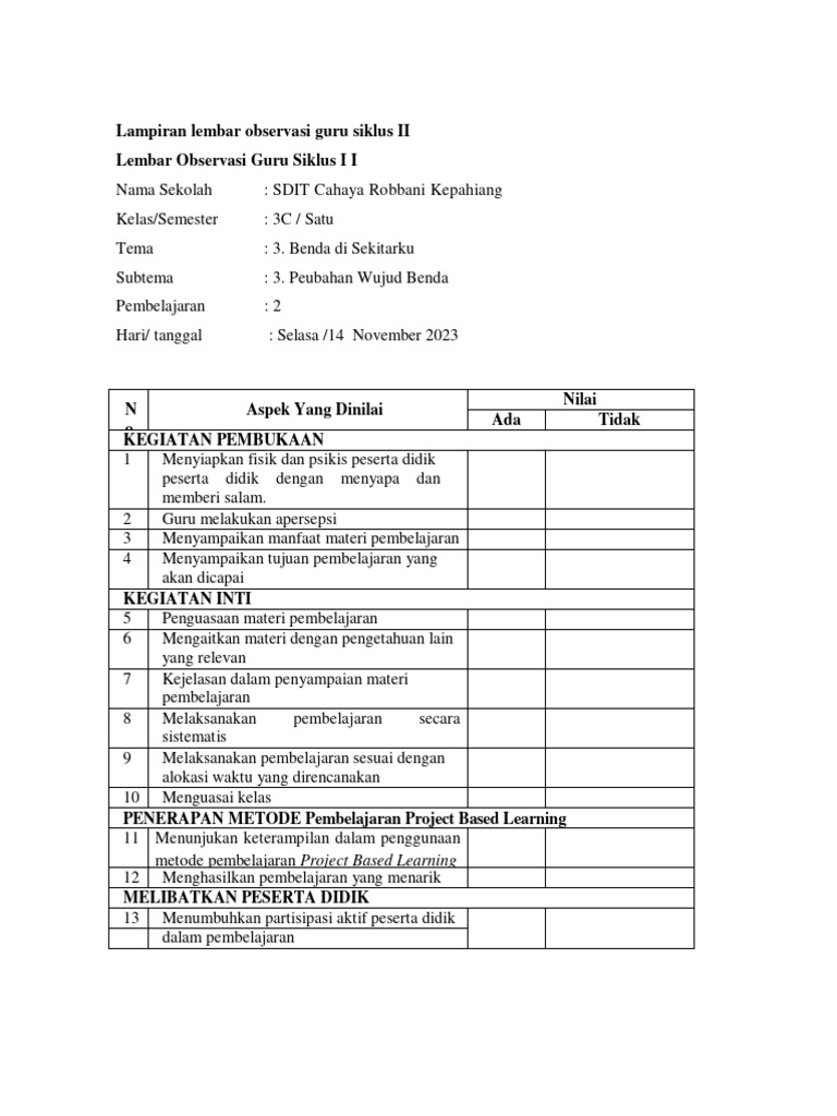 Lembar Observasi Pembelajaran SDIT 3C | PDF