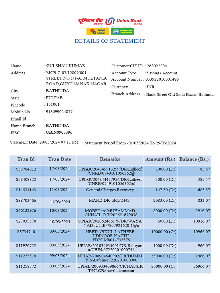 Union Bank Statement Fresh | PDF | Banking | Economy Of India