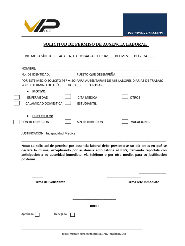 SOLICITUD DE PERMISO DE AUSENCIA LABORAL VIP | PDF SOLICITUD DE PERMISO DE AUSENCIA LABORAL VIP | PDF