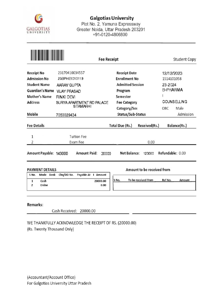 Fee Acknowledge Galgotias University - in | PDF