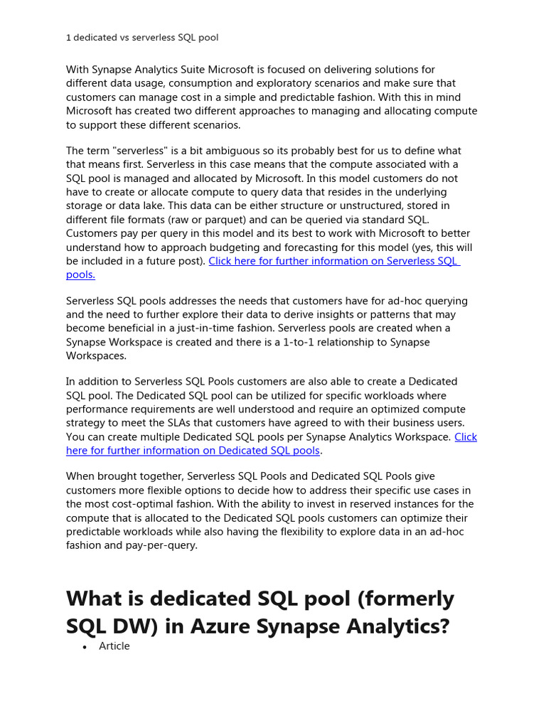Azure Synapse Serverless Pools vs. Dedicated Pools | Download Free PDF | User (Computing ...