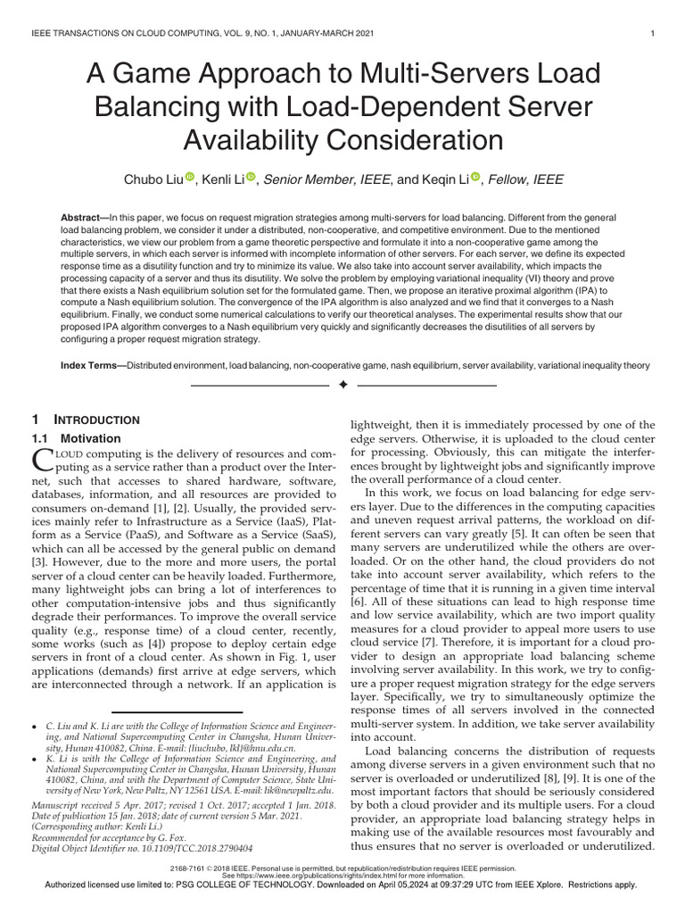 A Game Approach To Multi-Servers Load Balancing With Load-Dependent Server Availability ...