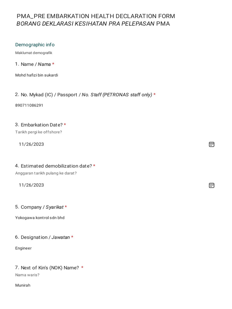 Pma - Pre Embarkation Health Declaration Form Borang Deklarasi ...