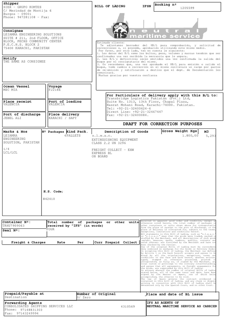 Draft For Correction Purposes: #Packages | PDF | Bill Of Lading | Cargo