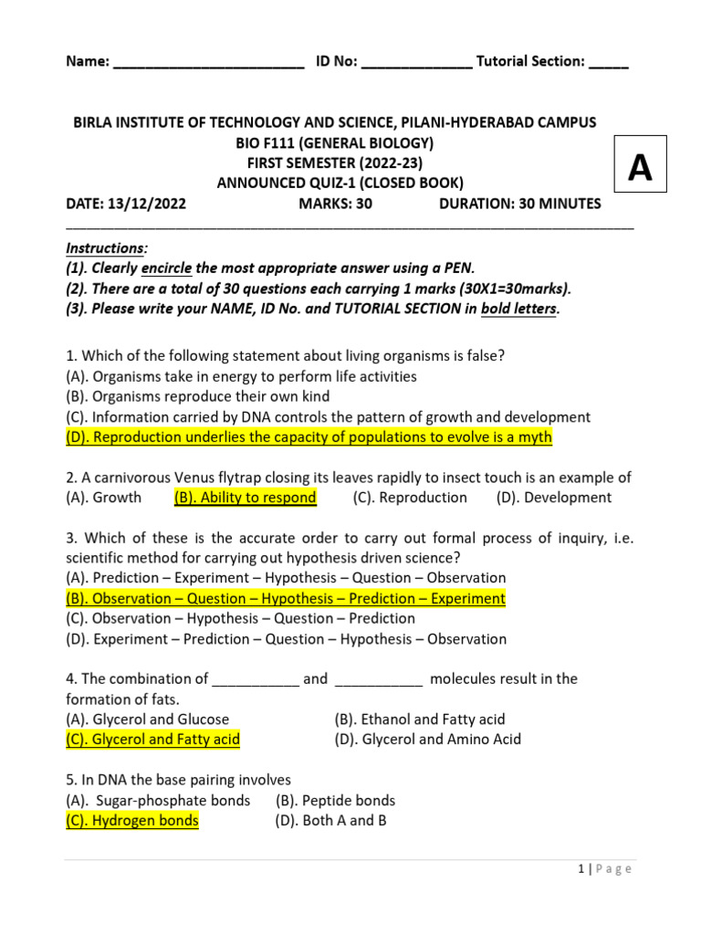 Bio F111 Quiz 1 Answer Key Both Sets Download Free Pdf Cellular Respiration Cell