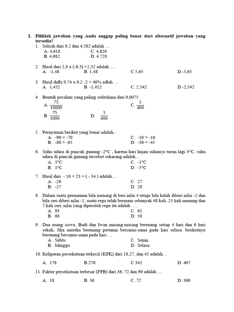 Soal MTK Kelas 7 Revisi | PDF