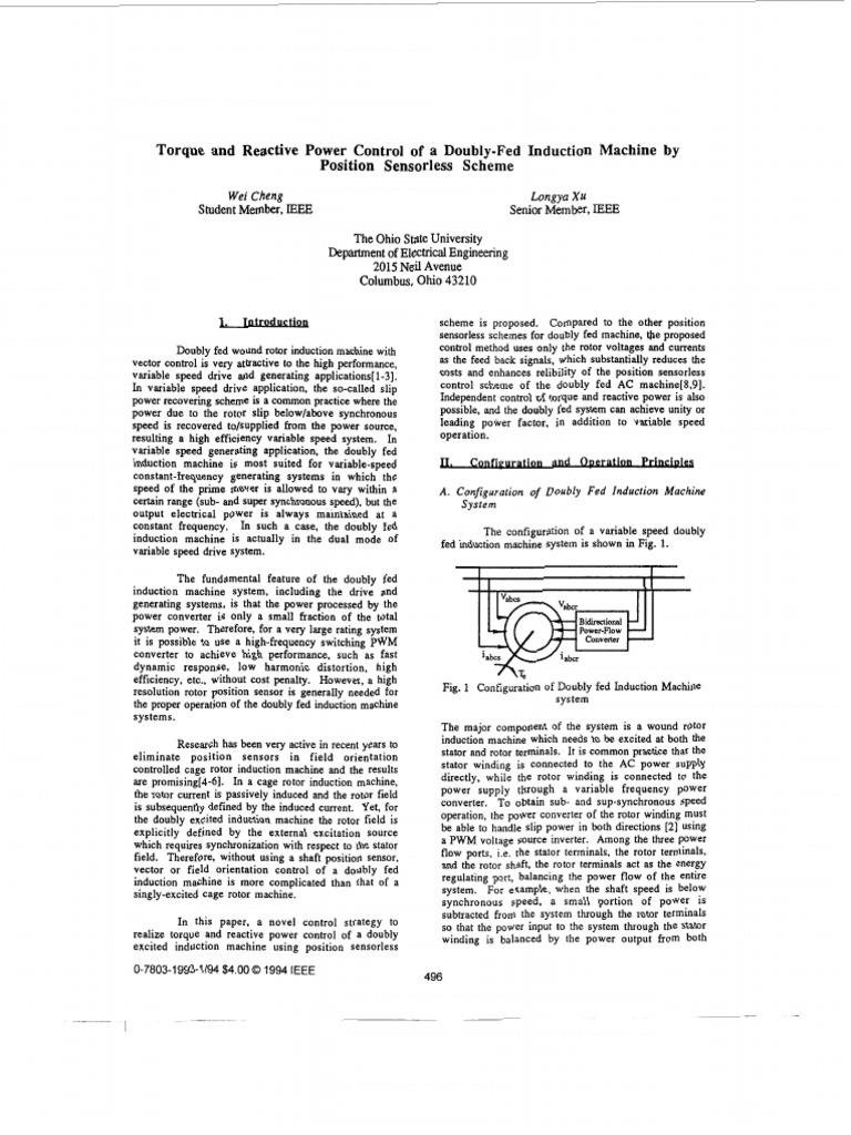 Torque And Reactive Power Control Of A Doubly Fed Induction Machine By Position Sensorless