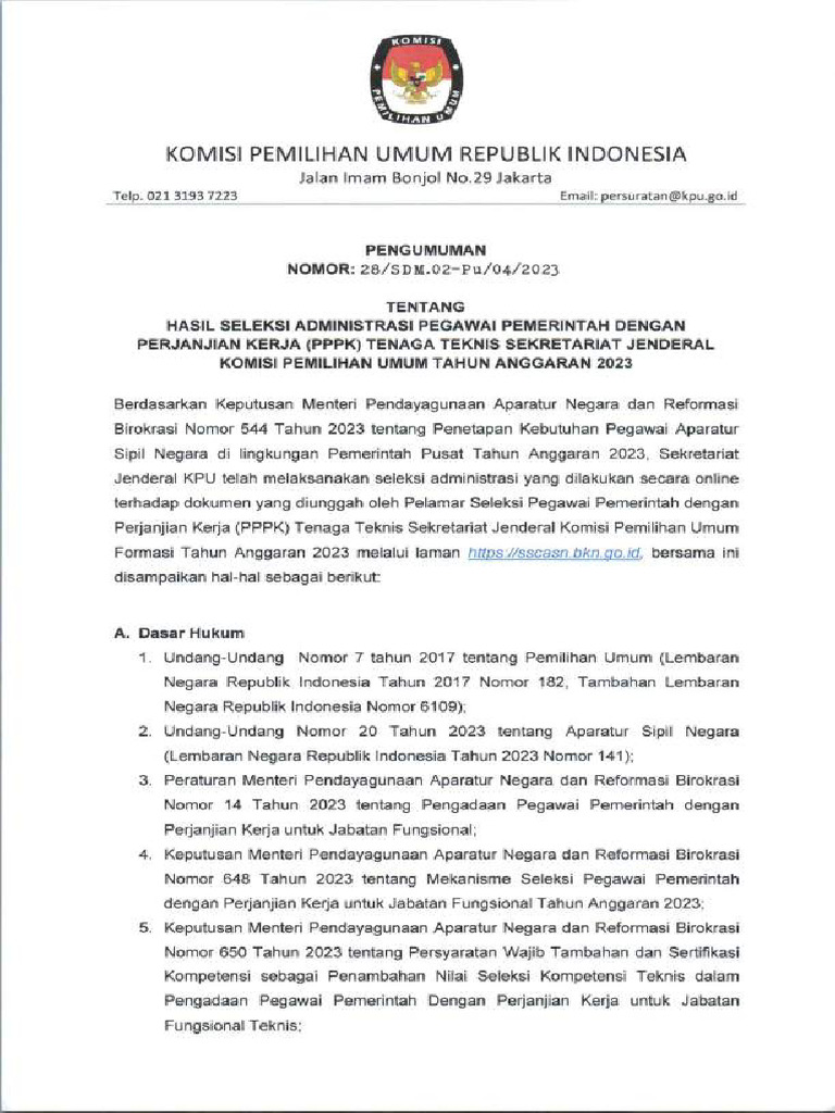 1699719222pengumuman Hasil Seleksi Administrasi PPPK Tenaga Teknis KPU TA 2023 - Compressed | PDF