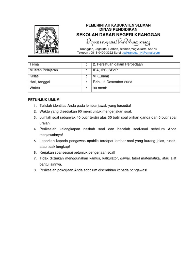 82 - Soal Psas Tema 2 - Ipa, Ips, SBDP 2023-2024 | PDF