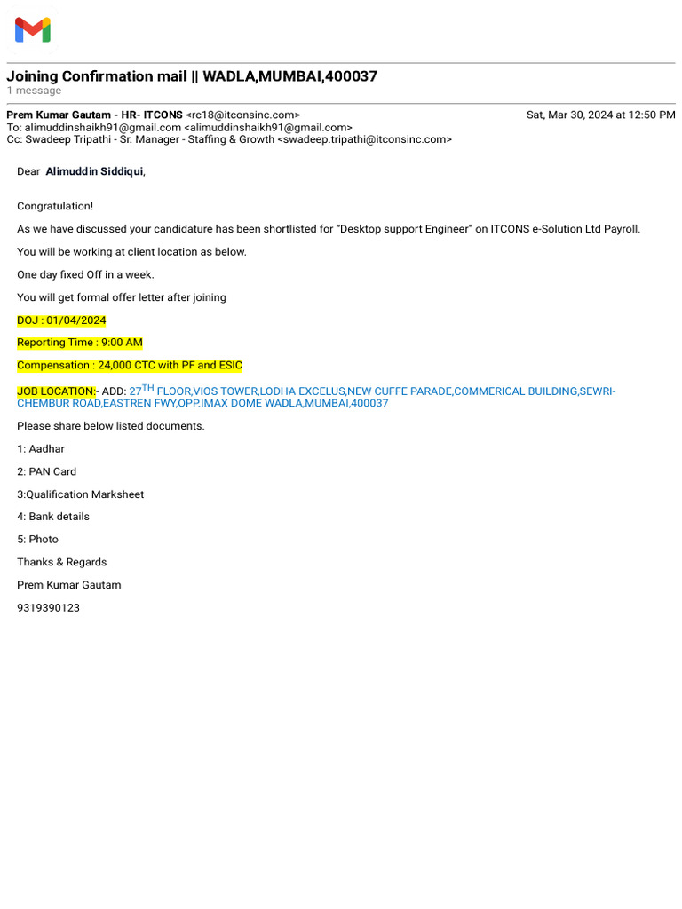 Gmail - Joining Confirmation Mail - WADLA, MUMBAI, 400037 | PDF | Business