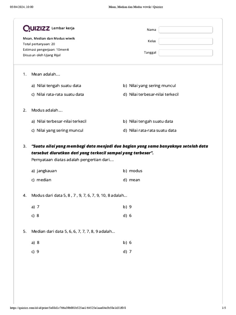 Soal Mean, Median, dan Modus | PDF