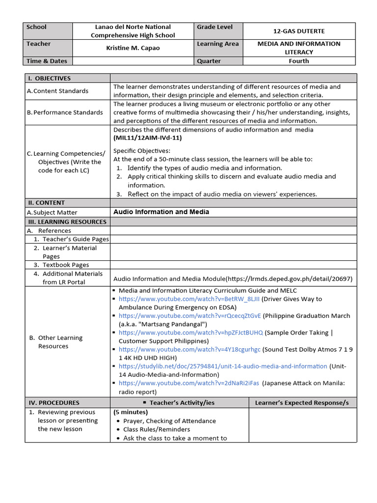 DLP - Mil - Audio - Q3 - (Cot 3) | PDF | Learning | Experience