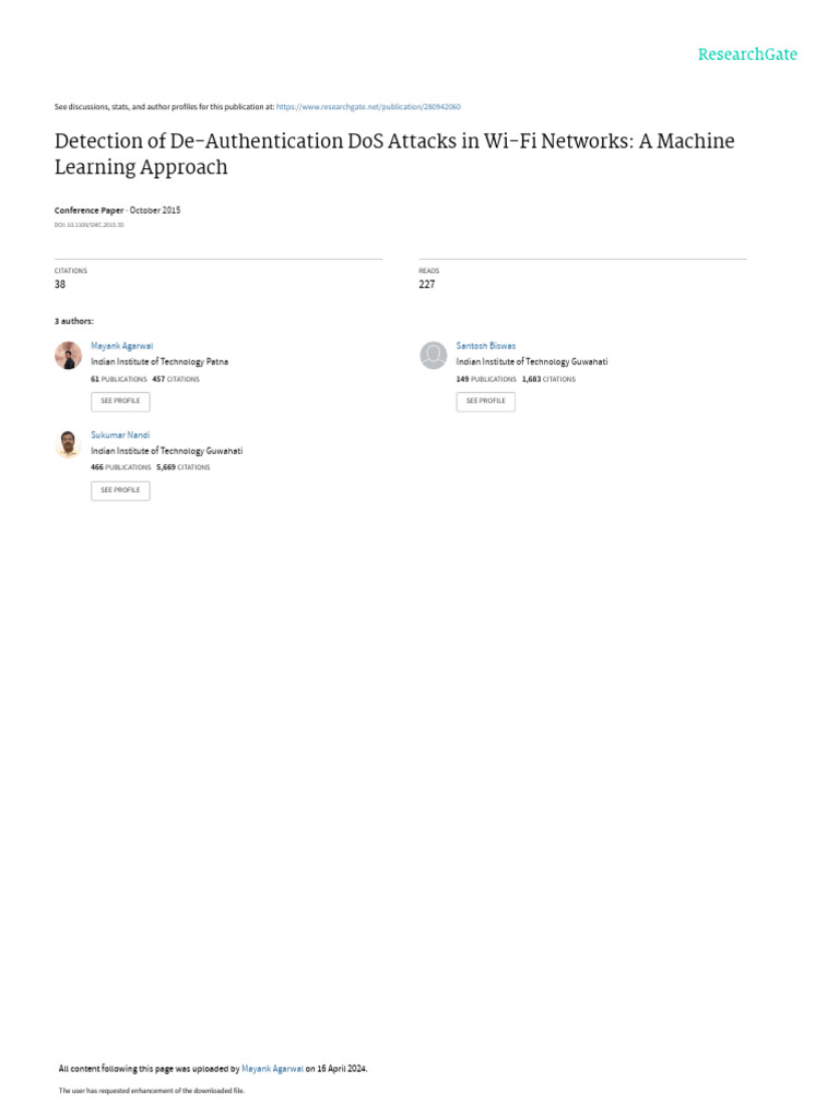 Detection Of De Authentication Dos Attacks In Wi Fi Networks A Machine