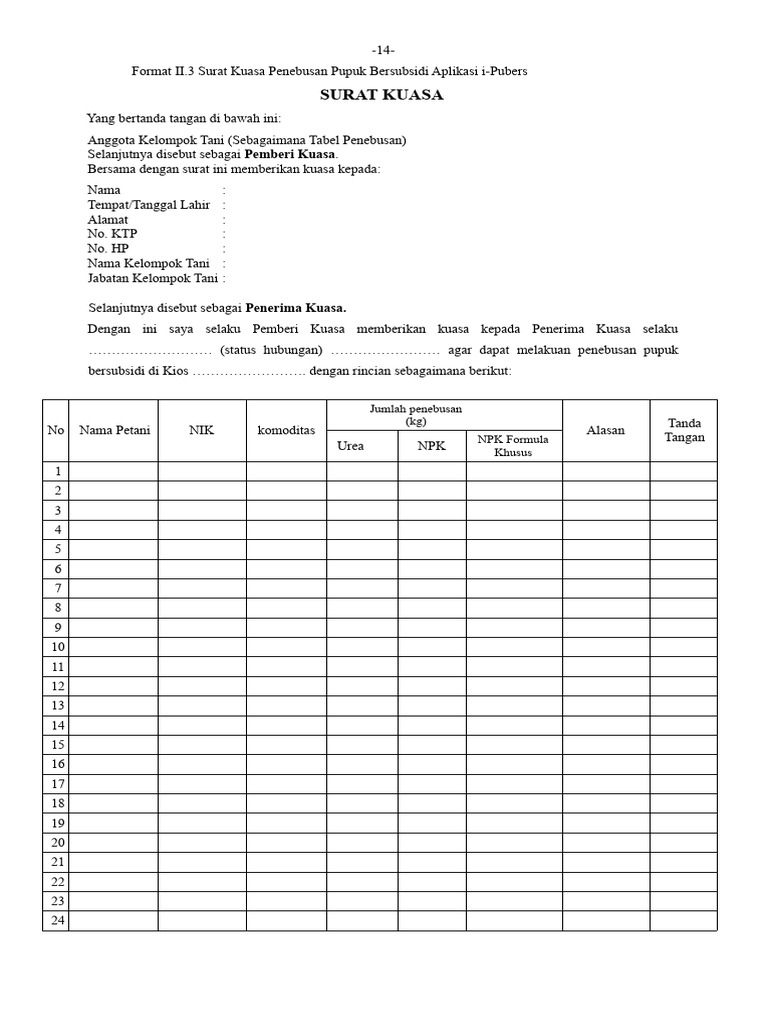 Format II.3 Surat Kuasa Penebusan Pupuk Bersubsidi Aplikasi i-Pubers | PDF