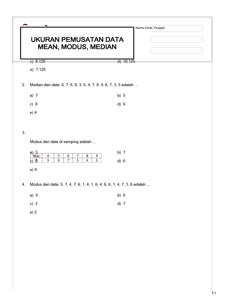 Ukuran Pemusatan Data: Rata-rata, Median, Modus | PDF