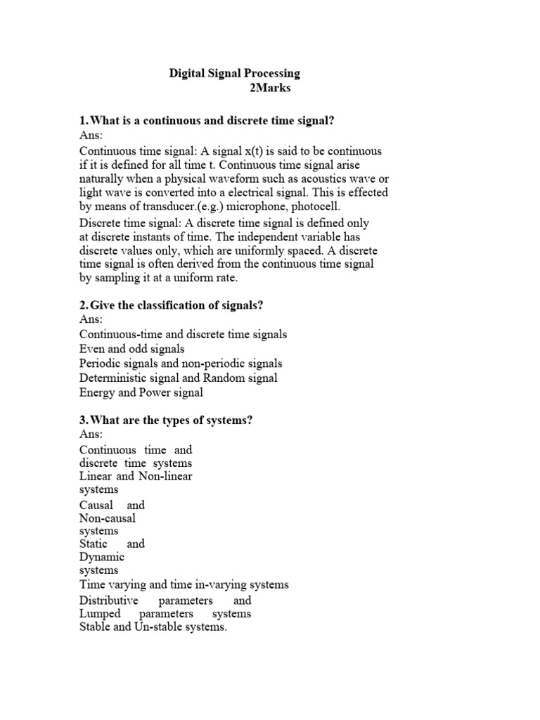 Digital Signal Processing 2marks 1.what Is A Continuous and Discrete ...