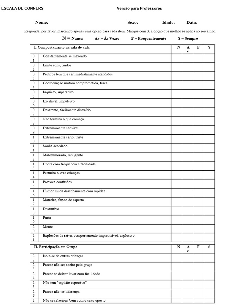 Escala de Conners - Versão para professores | PDF | Transtorno de ...