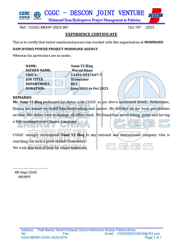 Experience Certificate for Translator | PDF