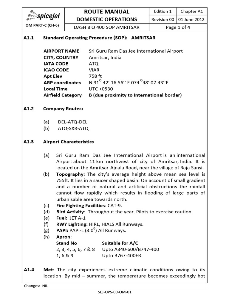 Dash 8 Q 400 Aerodrome SOP Amritsar | PDF | Airport | Aviation