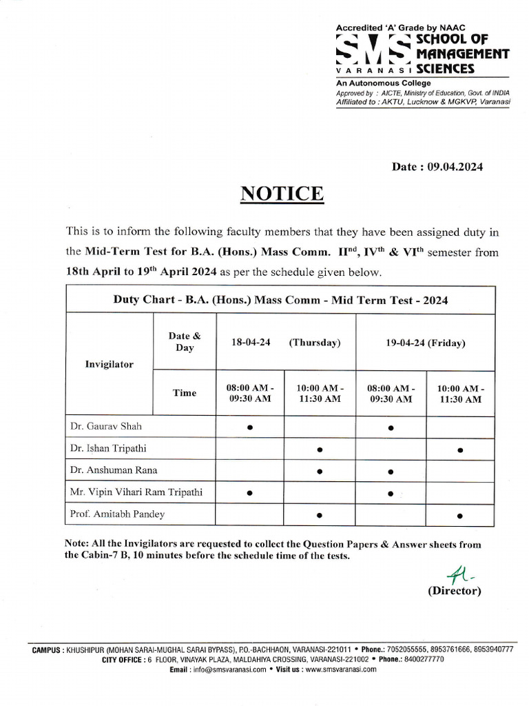 Notice - Duty Chart For B.A. (Hons) Mass Comm Ii, Iv, Vi Semester | PDF