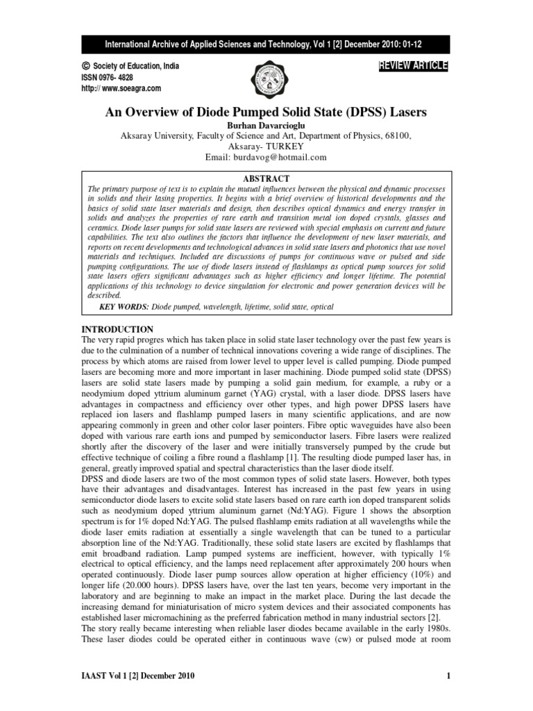 An Overview of Diode Pumped Solid State (DPSS) Lasers: Burhan ...