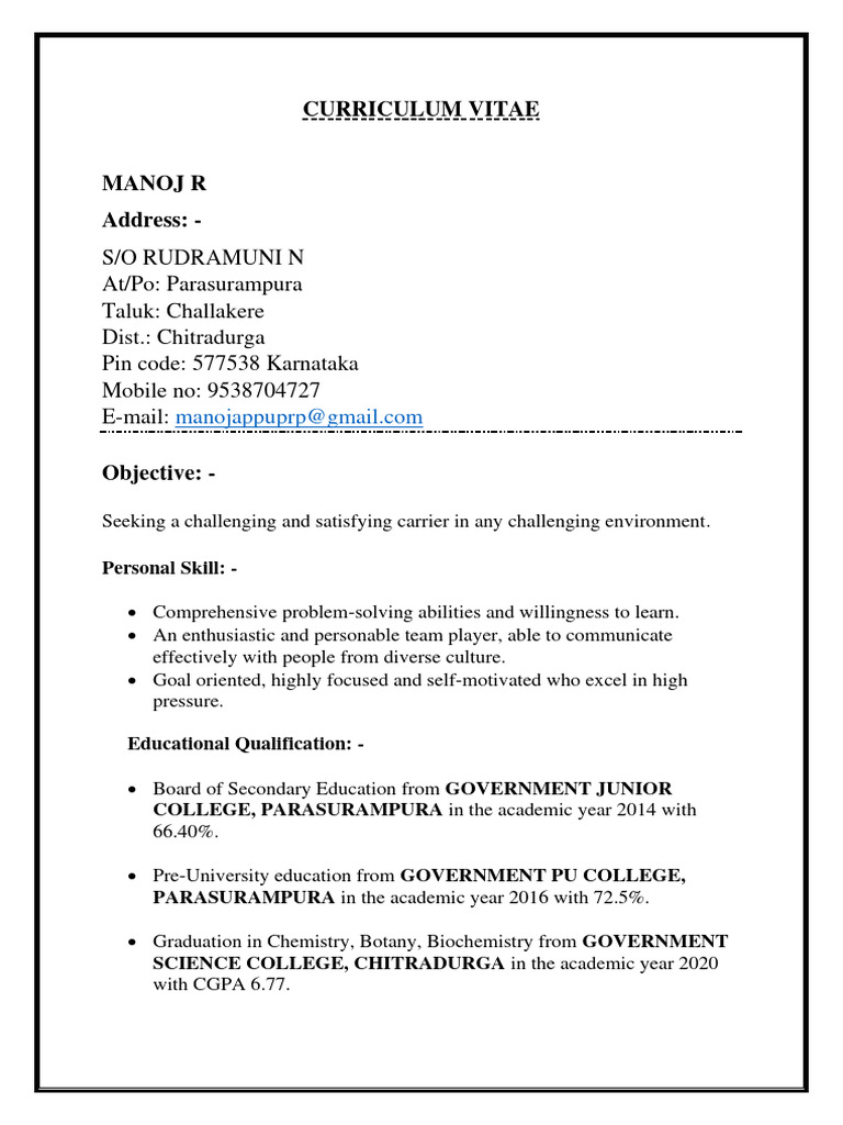 CV Manoj R | PDF | Biochemistry | Chemistry