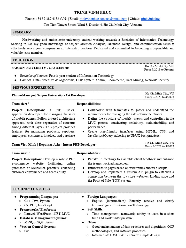 Trinh Vinh Phuc - Curriculum Vitae - C# | PDF | My Sql | Object ...