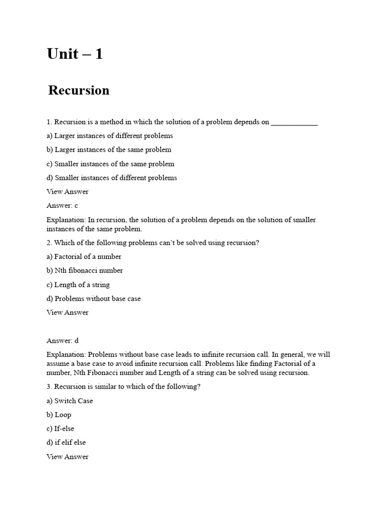 Unit 1 Recurcive Mcq Pdf Recursion Applied Mathematics