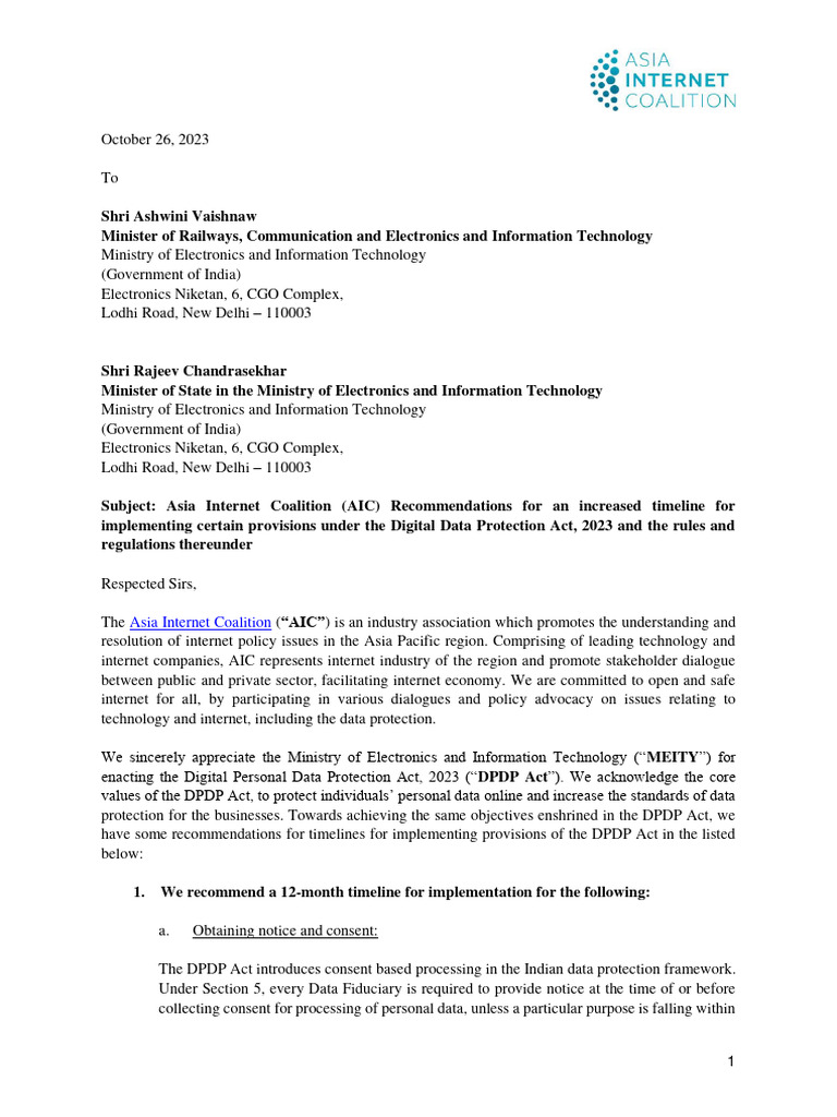 Aic-Recommendations For An Increased Timeline - Under DPDP | PDF ...
