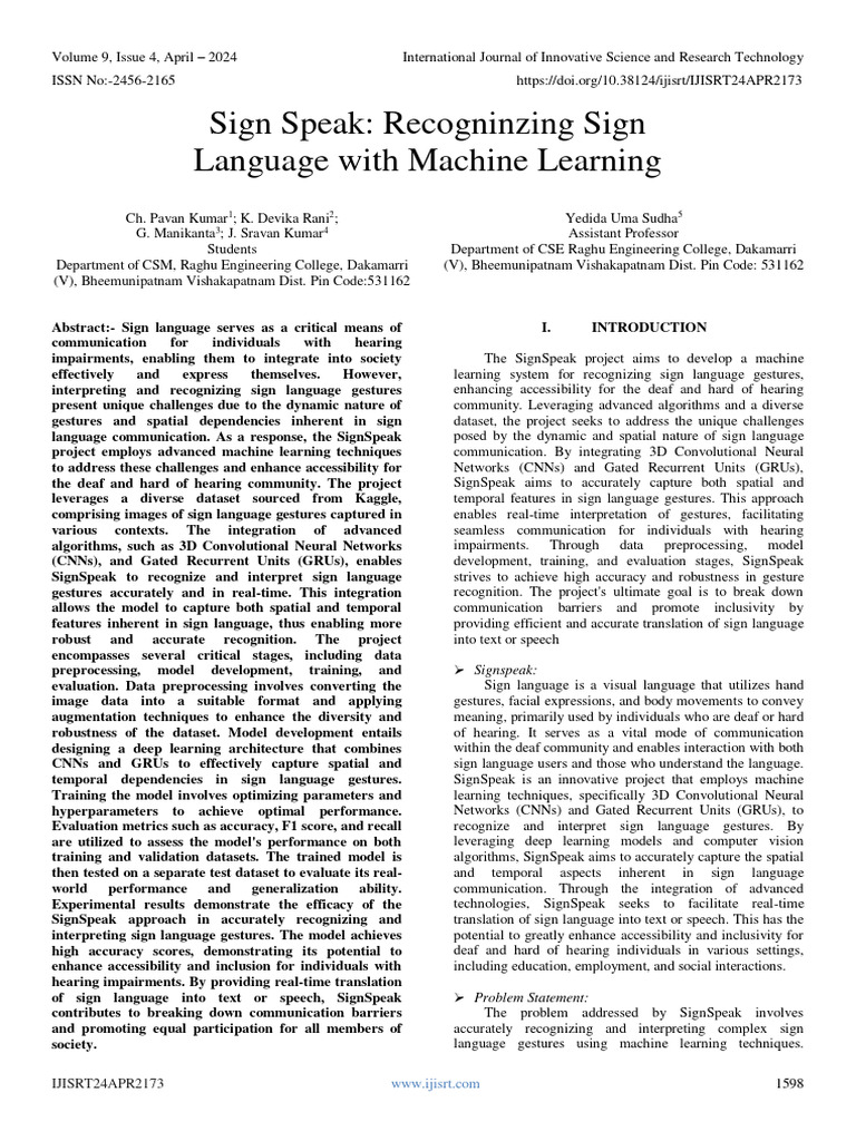 Sign Speak: Recogninzing Sign Language With Machine Learning | PDF ...