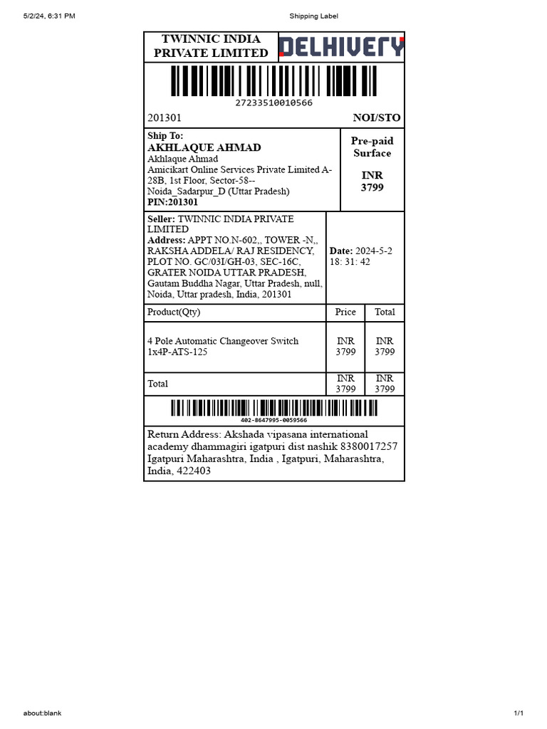 Shipping Label for 4 Pole Switch | PDF