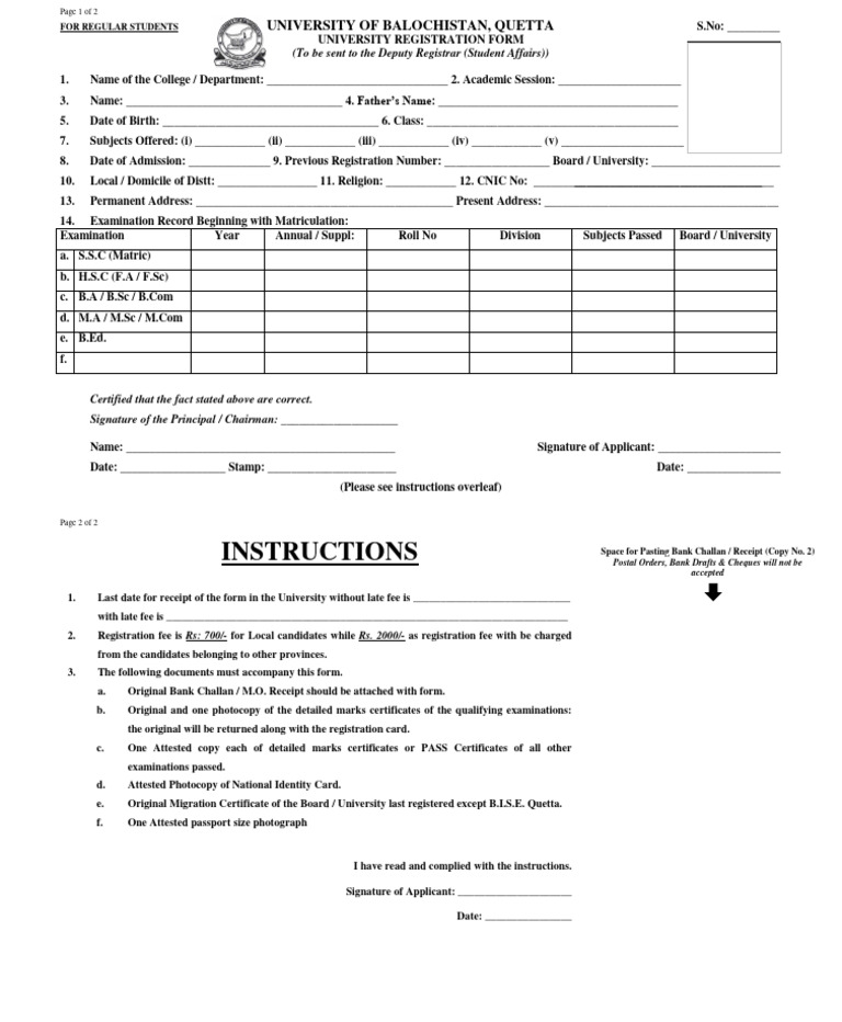 UoB Registration Form (Regular Students) New | PDF | Government And ...