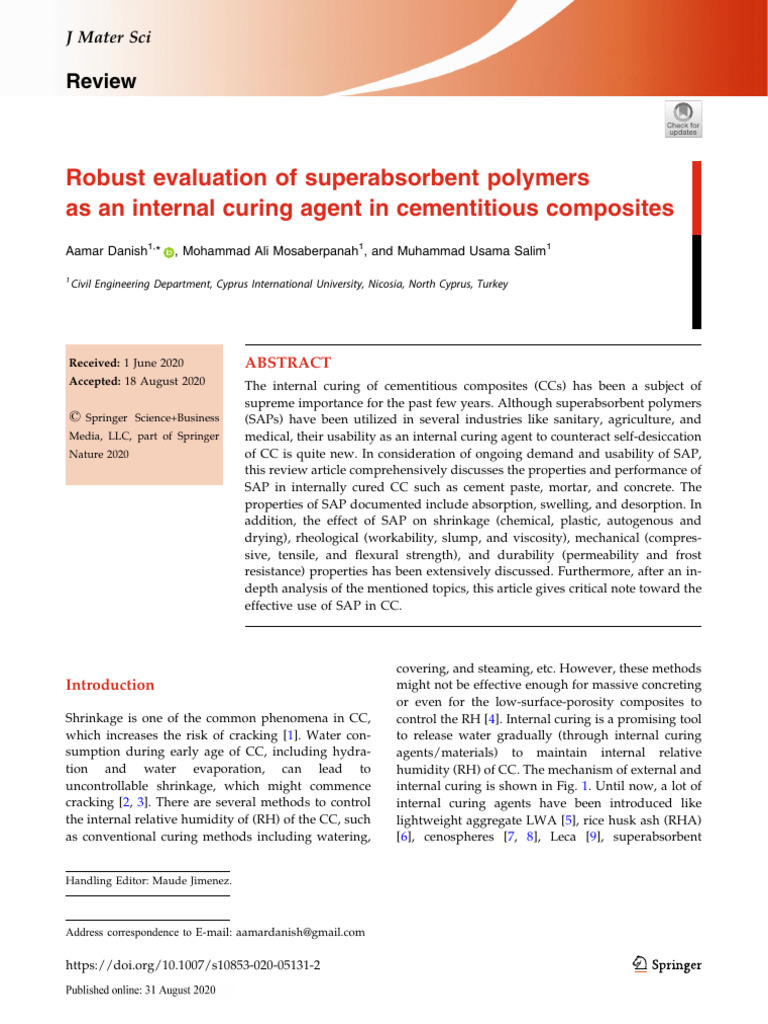Robust Evaluation of Superabsorbent Polymers As An Internal Curing Agent in Cementitious ...