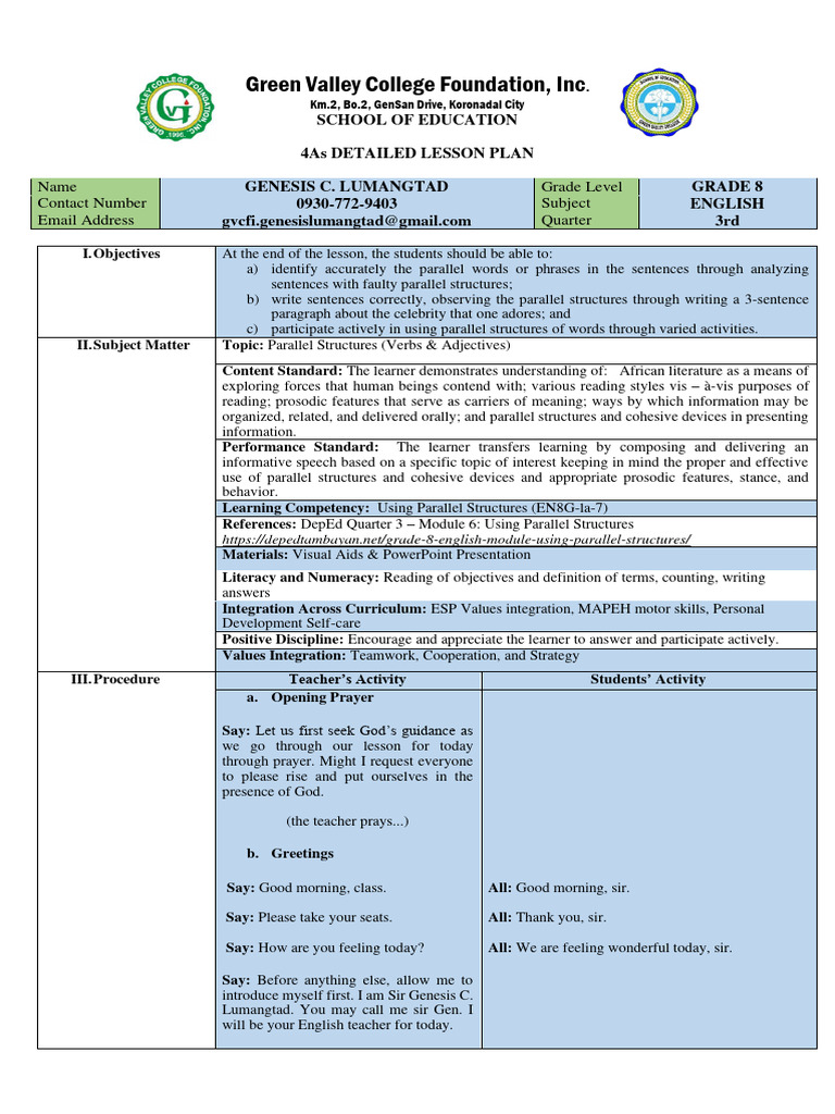 Sample English 4as Detailed Lesson Plan Students | PDF | Verb | Noun