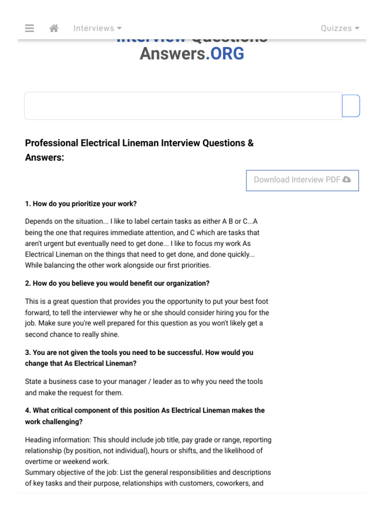 Electrical Lineman Job Interview Questions and Answers | PDF ...