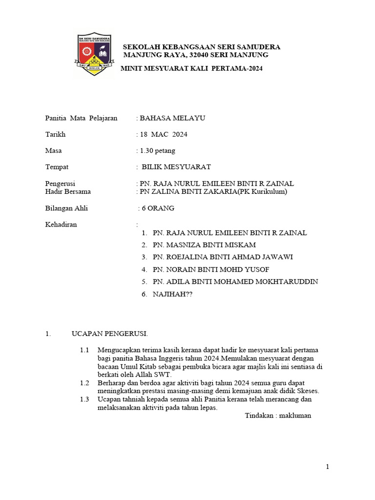 Minit Mesyuarat BI (1) 2024 | PDF
