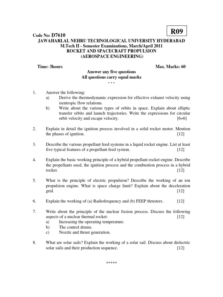 Rocket and Spacecraft Propulsion Exam | PDF | Spacecraft Propulsion ...
