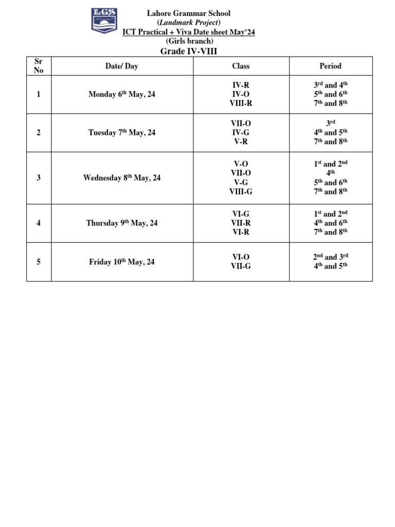 Lahore Grammar School May'24 ICT Schedule | PDF