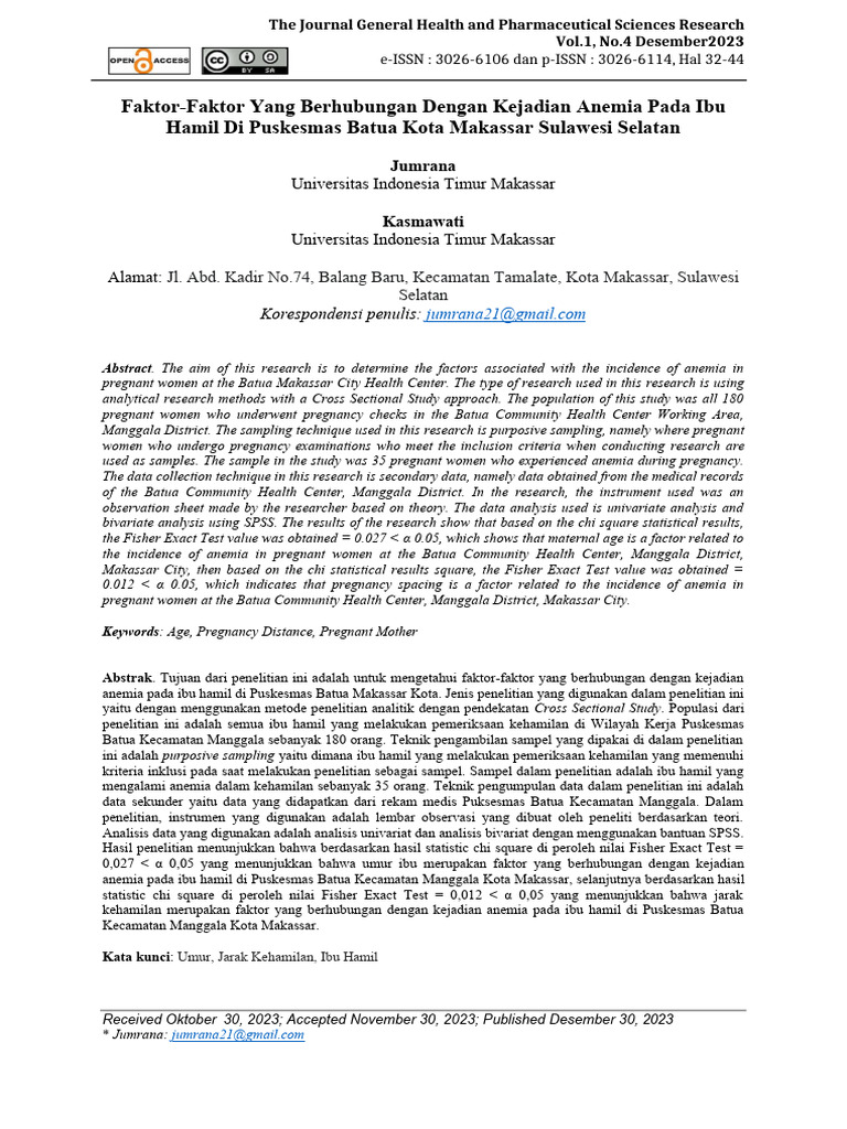 32-44 Faktor-Faktor Yang Berhubungan Dengan Kejadian Anemia Pada Ibu Hamil Di Puskesmas Batua ...