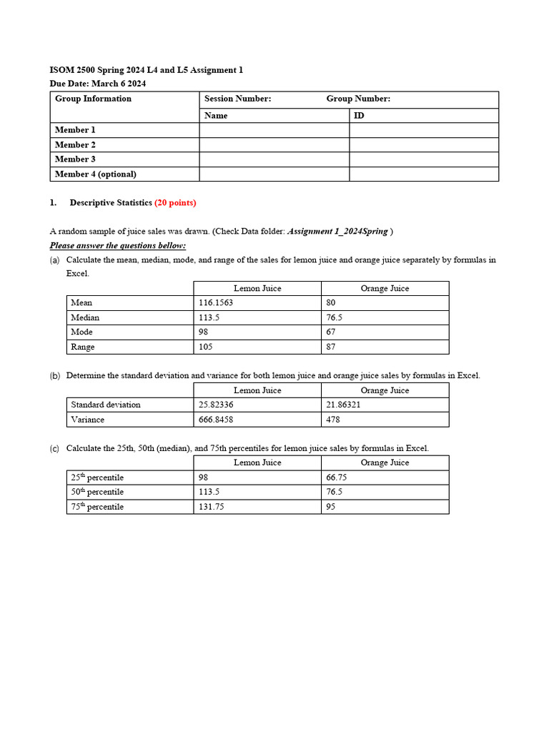 Assignment1 ISOM2500 Spring2024 L4L5 Soltuion | PDF | Variance | Median