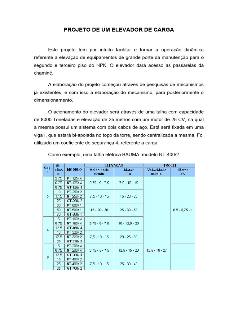 PROJETO DE UM ELEVADOR DE CARGA | PDF | Resistência dos materiais | Elevador