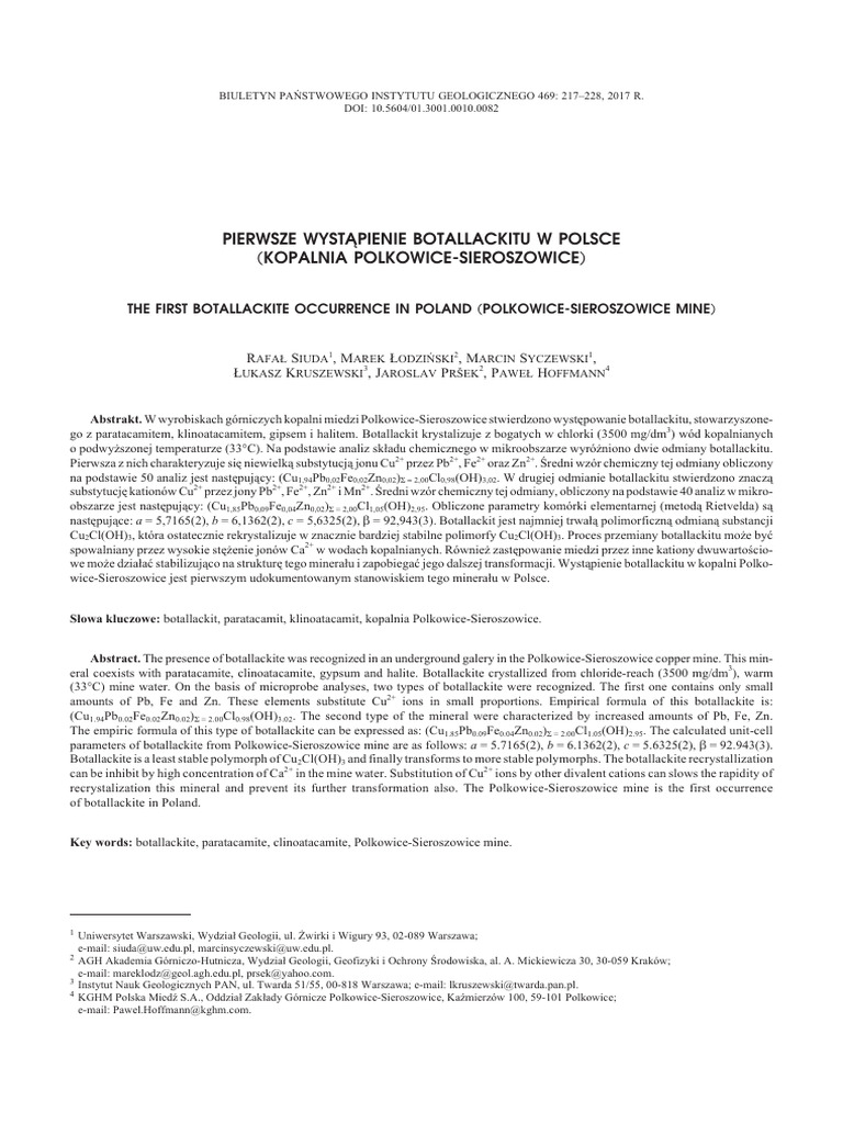 Pierwsze Wyst Pienie Botallackitu W Polsce (Kopalnia Polkowice-Sieroszowice) | PDF