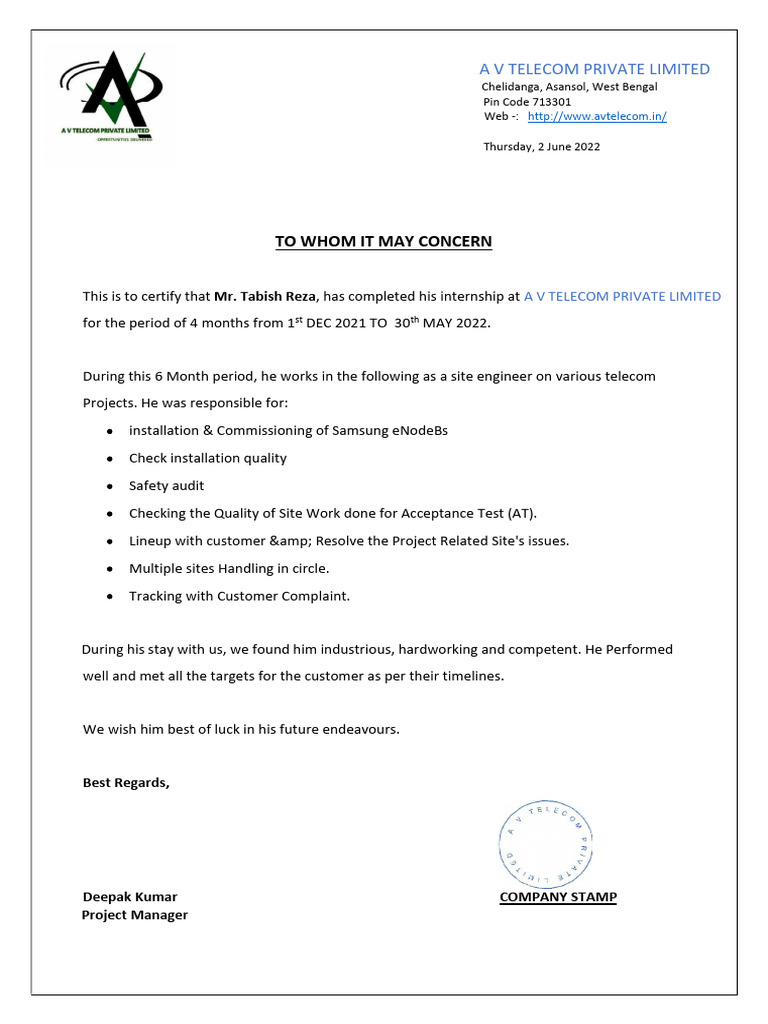Experience LETTER FOR TELECOM | PDF