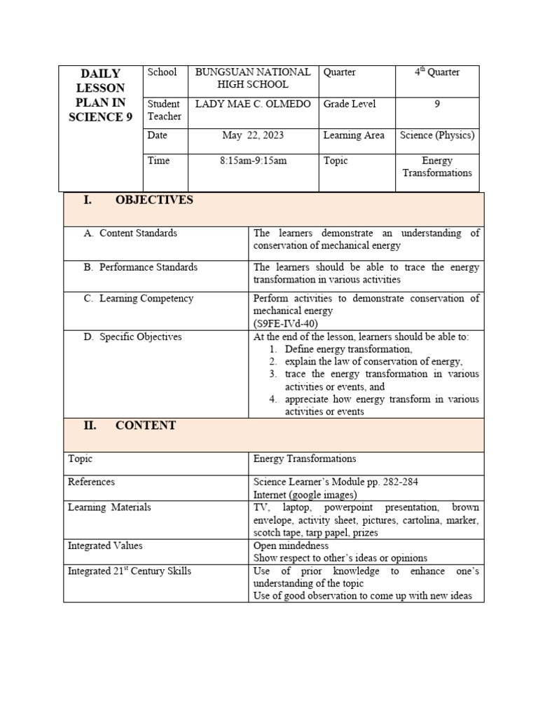Science 9 Lesson Plan: Energy Transformations | PDF | Heat | Learning