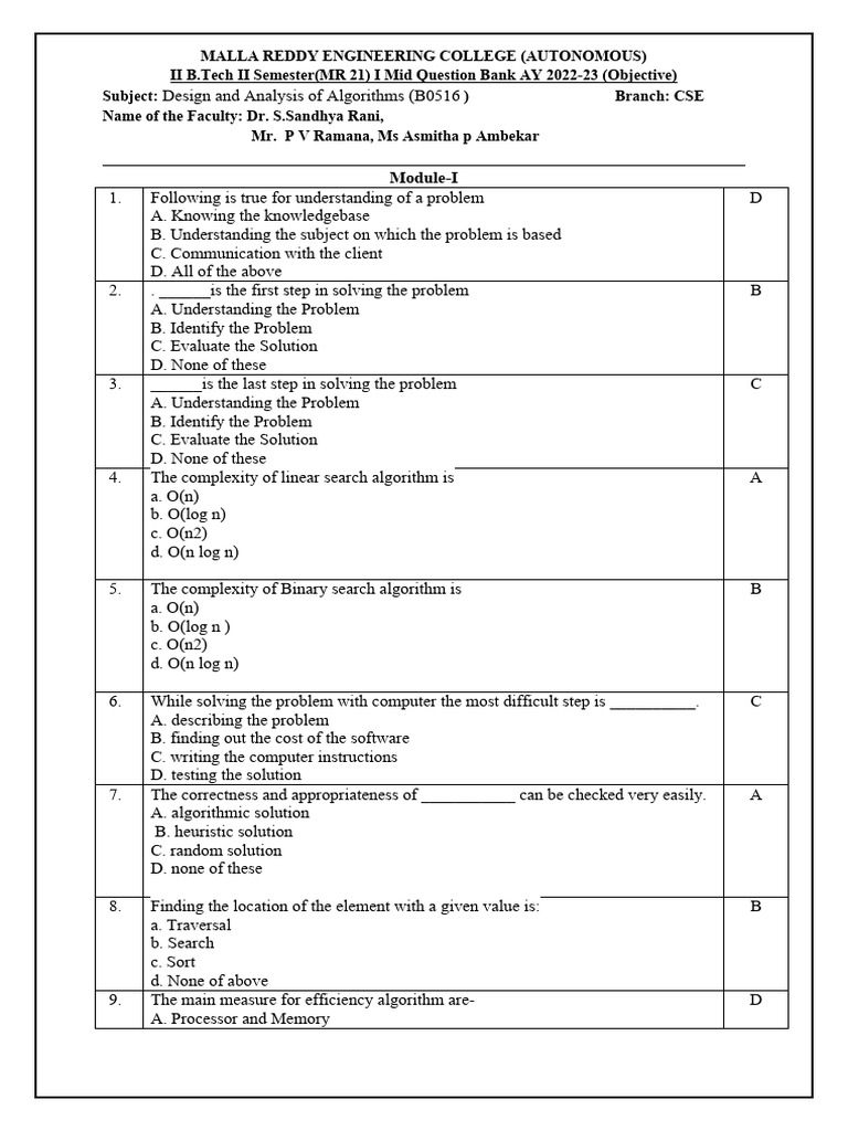 DAA MCQs Answer | PDF | Algorithms And Data Structures | Graph Theory