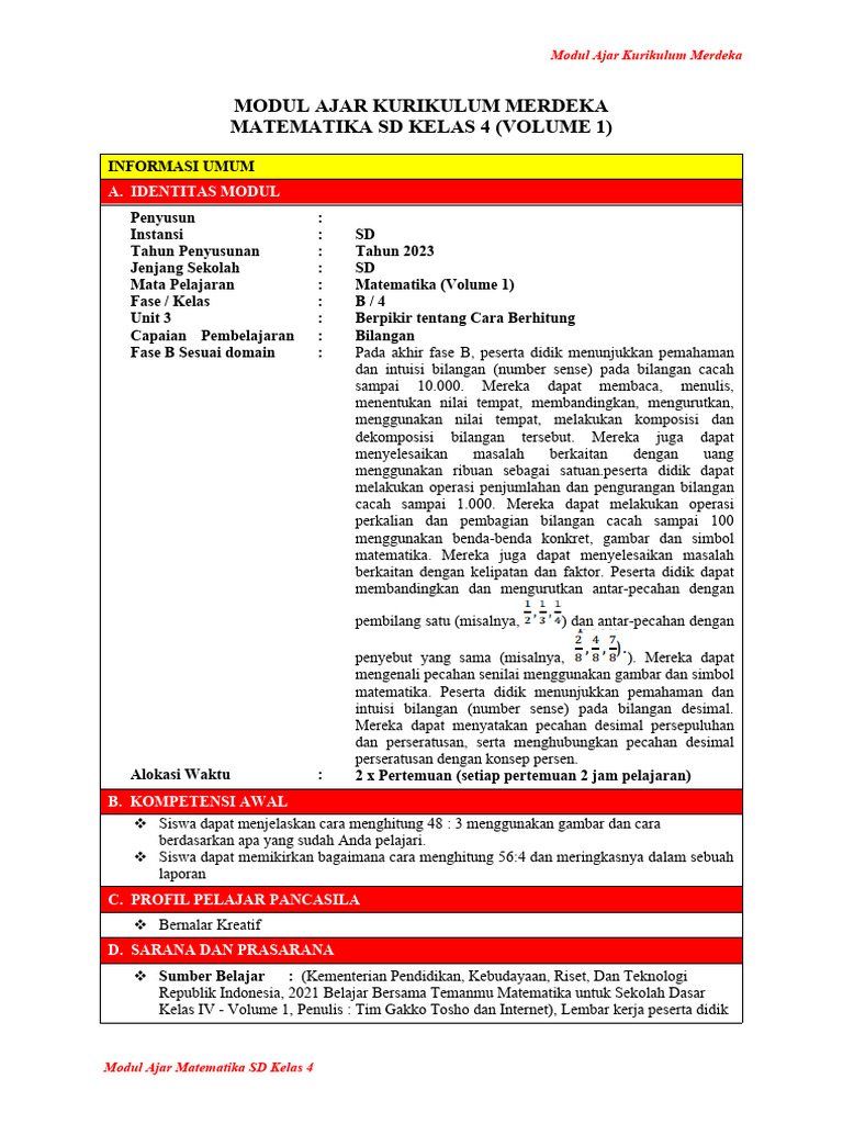 Modul Ajar MTK Unit 3 | PDF